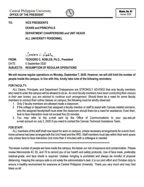 Resumption of Regular Operations - Central Philippine University