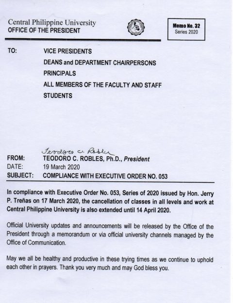 COMPLIANCE WITH EXECUTIVE ORDER NO. 053 - Central Philippine University