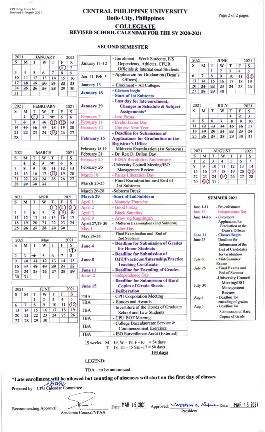 School Calendars | Central Philippine University