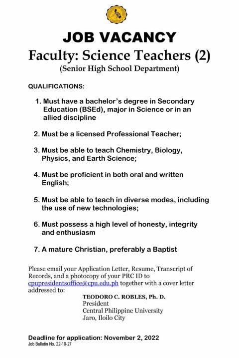 JOB VACANCY Faculty: Science Teachers (2) (Senior High School ...