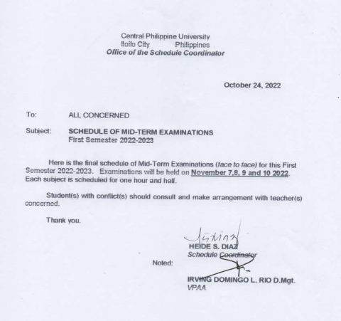 MidTerm Exam Schedule 1st Semester 2022-2023 - Central Philippine ...