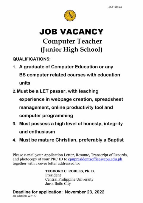 JOB VACANCY - Computer Teacher (Junior High School) - Central ...