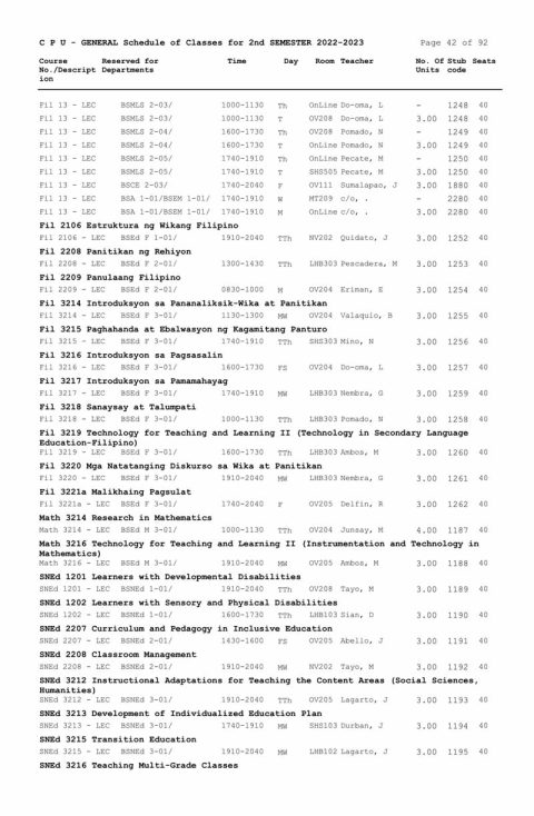 General Schedule of Classes for 2nd Semester 2022-2023 - Central Philippine University