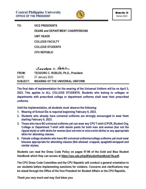 Memo No 13 Series 2023 - Wearing of the Universal Uniform - Central ...