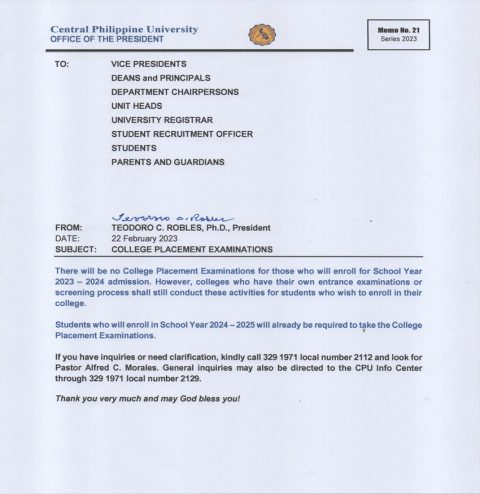 Memo No 21 College Placement Examinations - Central Philippine University
