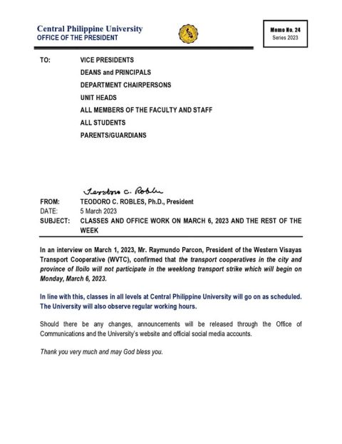 Memo No 24 CLASSES AND OFFICE WORK ON MARCH 6, 2023 AND THE REST OF THE ...