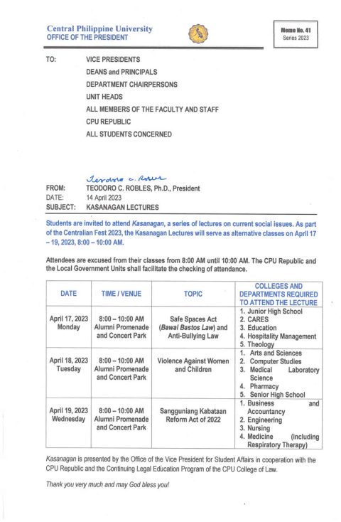 Memo No 41 KASANAGAN LECTURES - Central Philippine University