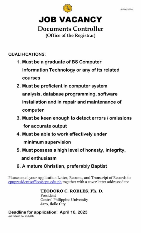 JOB VACANCY - Documents Controller (Office of the Registrar) - Central Philippine University