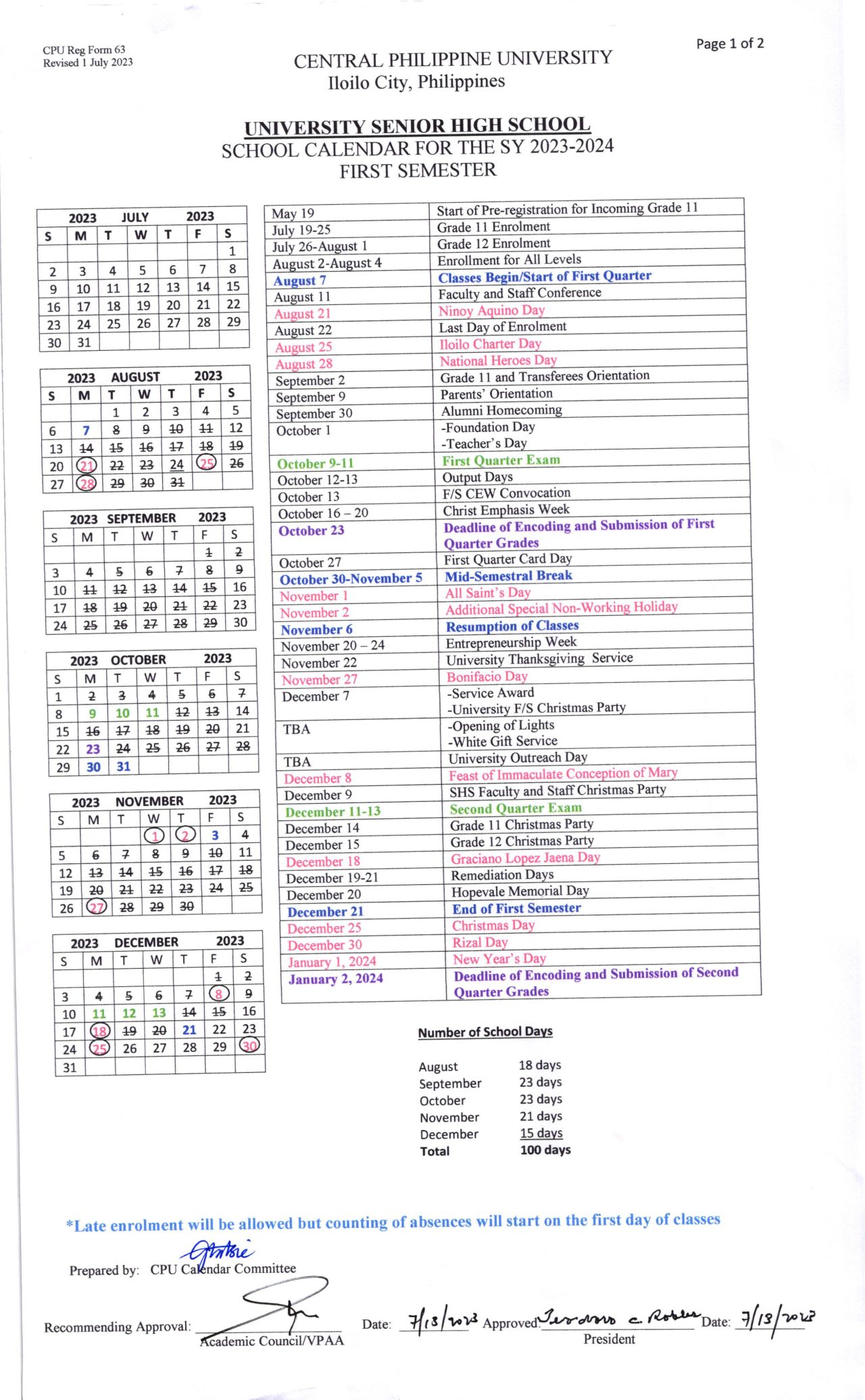 School Calendars - Central Philippine University