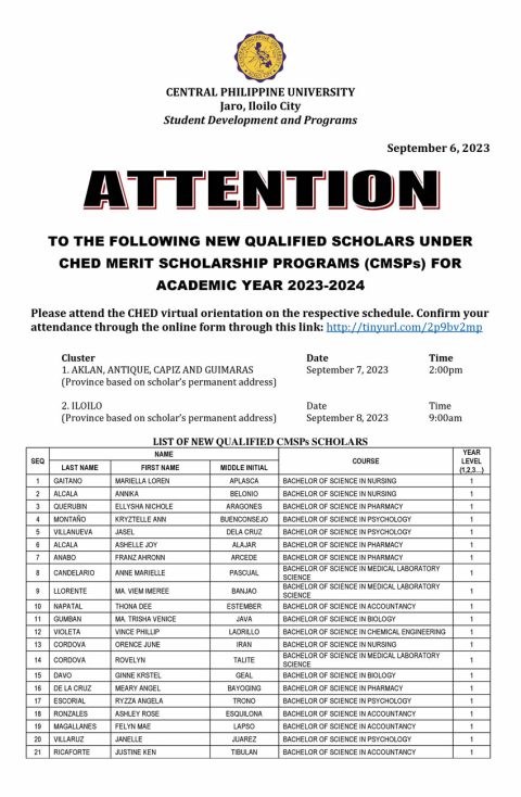 TO THE FOLLOWING NEW QUALIFIED SCHOLARS UNDER CHED MERIT SCHOLARSHIP ...