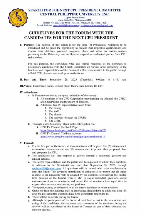 SEARCH FOR THE NEXT CPU PRESIDENT COMMITTEE CENTRAL PHILIPPINE ...