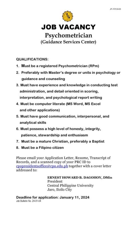 Job Vacancy - Psychometrician - Central Philippine University