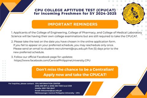 CPU COLLEGE APTITUDE TEST (CPUCAT) for incoming Freshmen for SY 2024 ...
