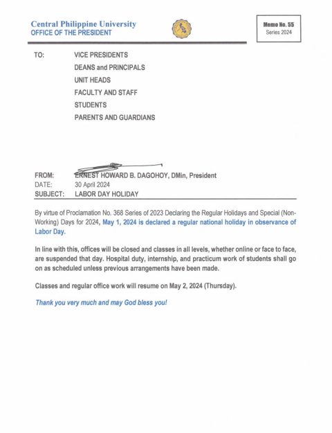 Memo No. 55 - Labor Day Holiday - Central Philippine University