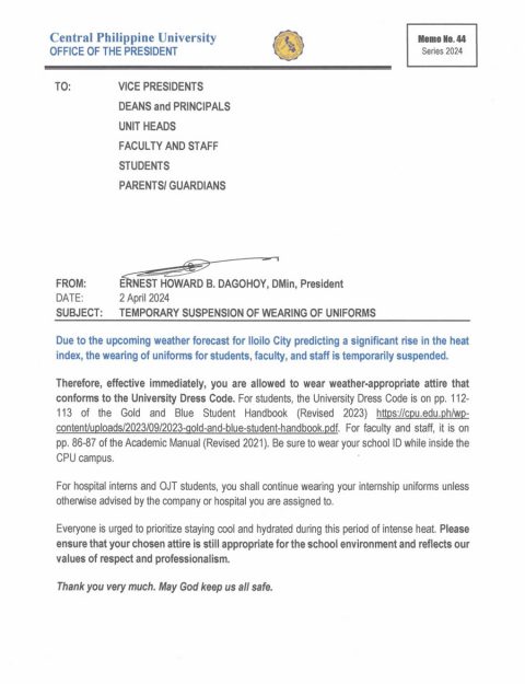 Memo No 44 - Temporary Suspension of Wearing of Uniforms - Central ...