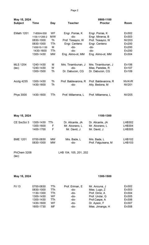 Final Examinations Schedule for the Second Semester A.Y. 2023-2024 - Central Philippine University