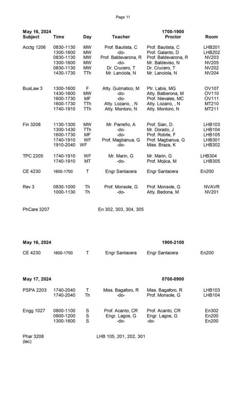 Final Examinations Schedule for the Second Semester A.Y. 2023-2024 - Central Philippine University