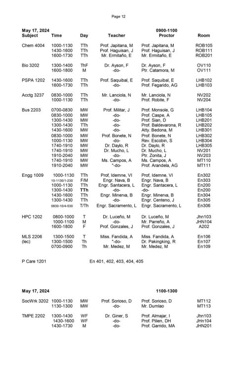Final Examinations Schedule for the Second Semester A.Y. 2023-2024 - Central Philippine University