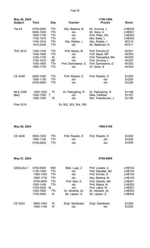 Final Examinations Schedule for the Second Semester A.Y. 2023-2024 - Central Philippine University