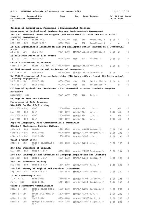 General Schedule of Classes for Summer 2024 - Central Philippine University