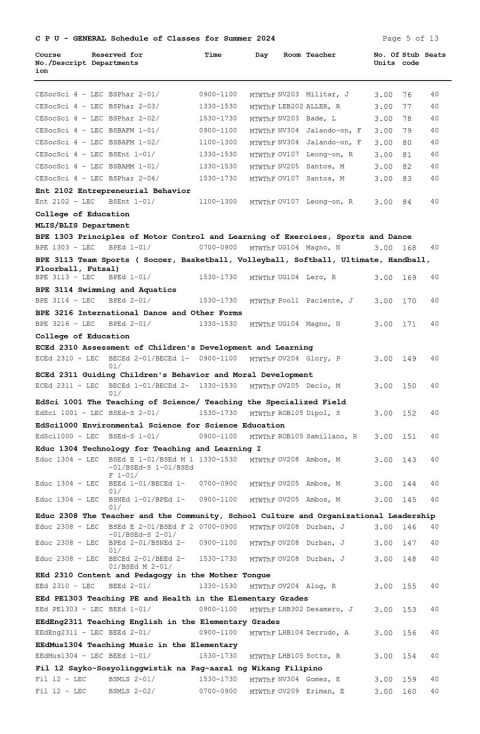 General Schedule of Classes for Summer 2024 - Central Philippine University