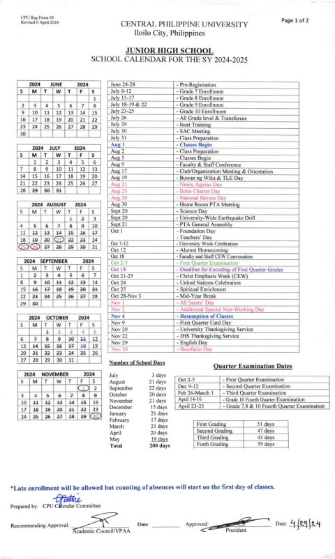 School Calendars - Central Philippine University