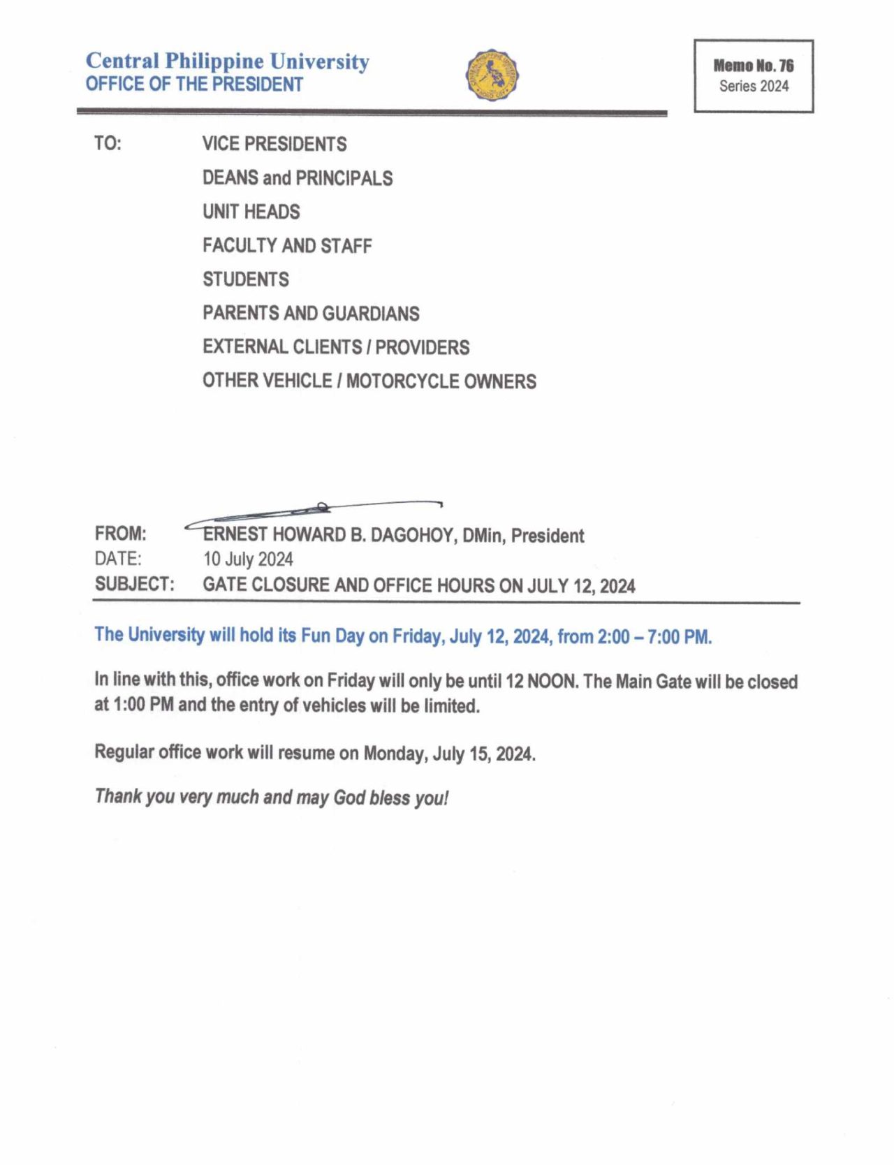 Memo No 76 - GATE CLOSURE AND OFFICE HOURS ON JULY 12, 2024 - Central ...