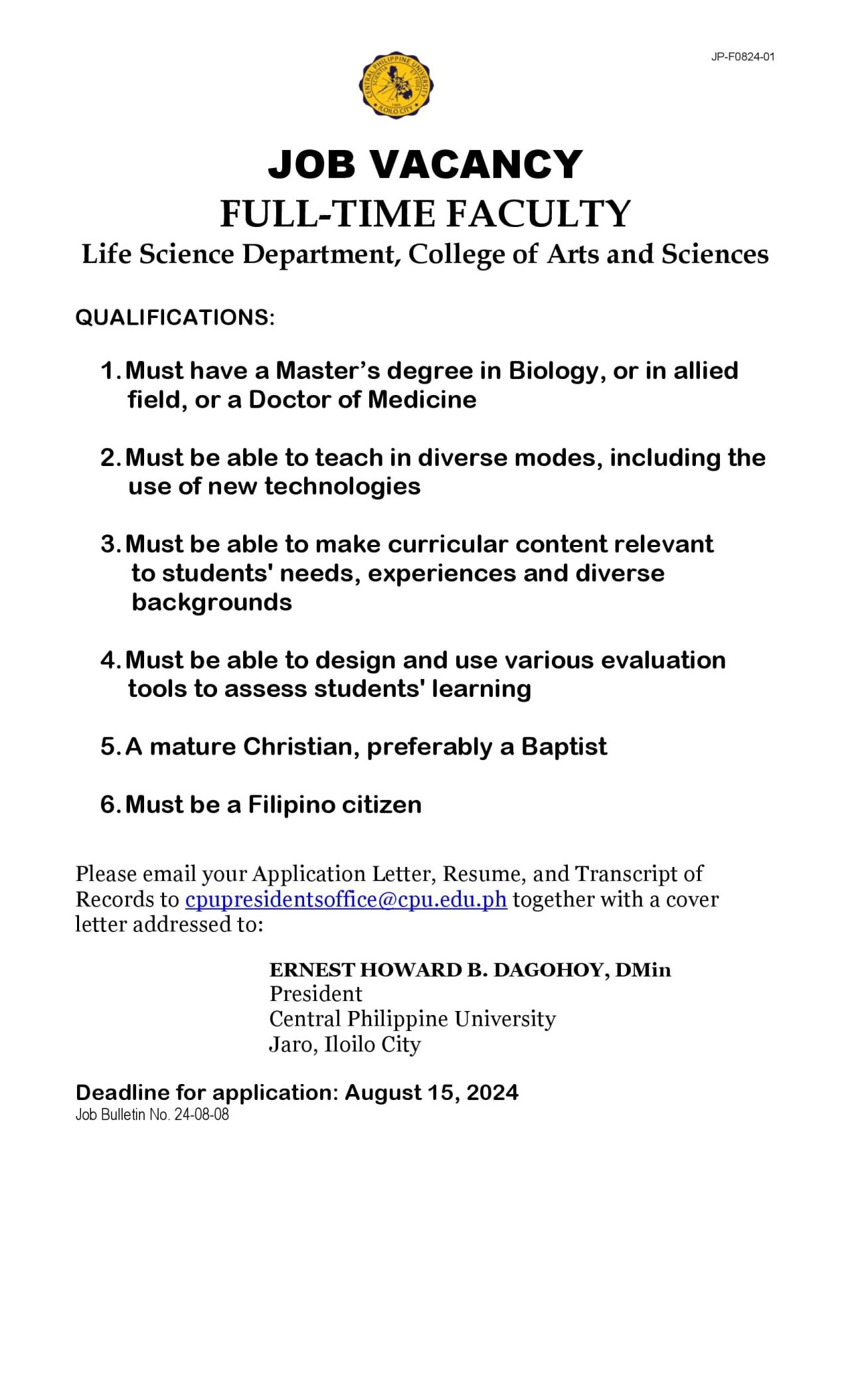 Job Vacancy - Full-time Faculty (Life Science Department) - Central ...