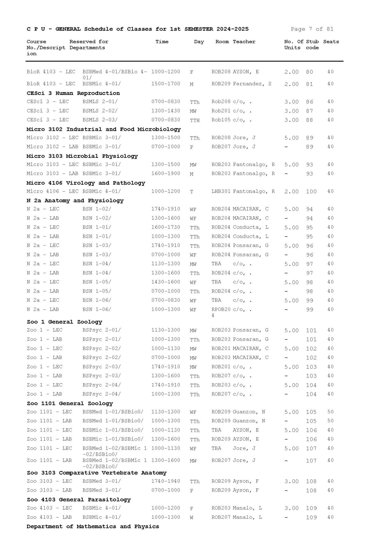 GENERAL Schedule of Classes for 1st SEMESTER 2024-2025 - Central Philippine University