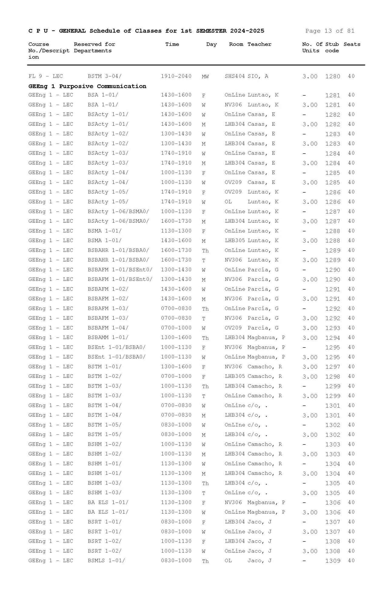 GENERAL Schedule of Classes for 1st SEMESTER 2024-2025 - Central ...