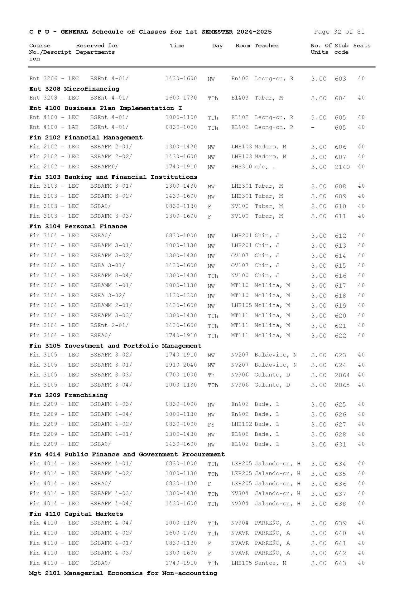 GENERAL Schedule of Classes for 1st SEMESTER 2024-2025 - Central ...