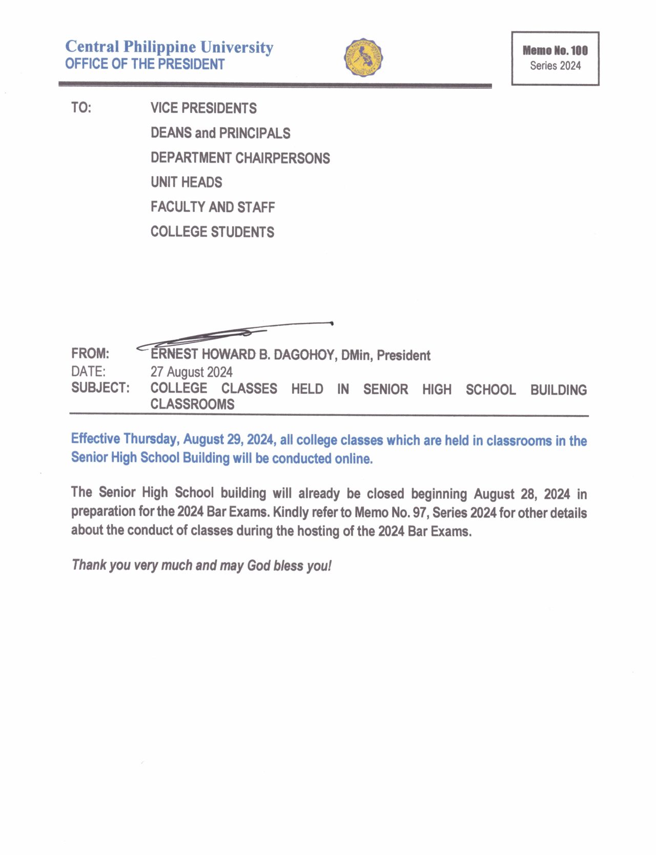 Memo No. 100 - College Classes held in SHS Building Classrooms ...