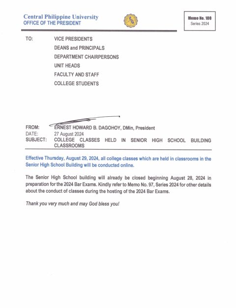 Memo No. 100 - College Classes held in SHS Building Classrooms ...