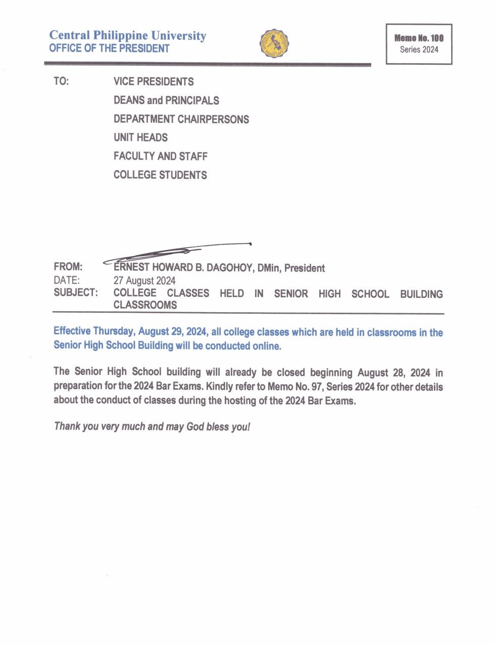 Memo No. 100 - College Classes held in SHS Building Classrooms ...