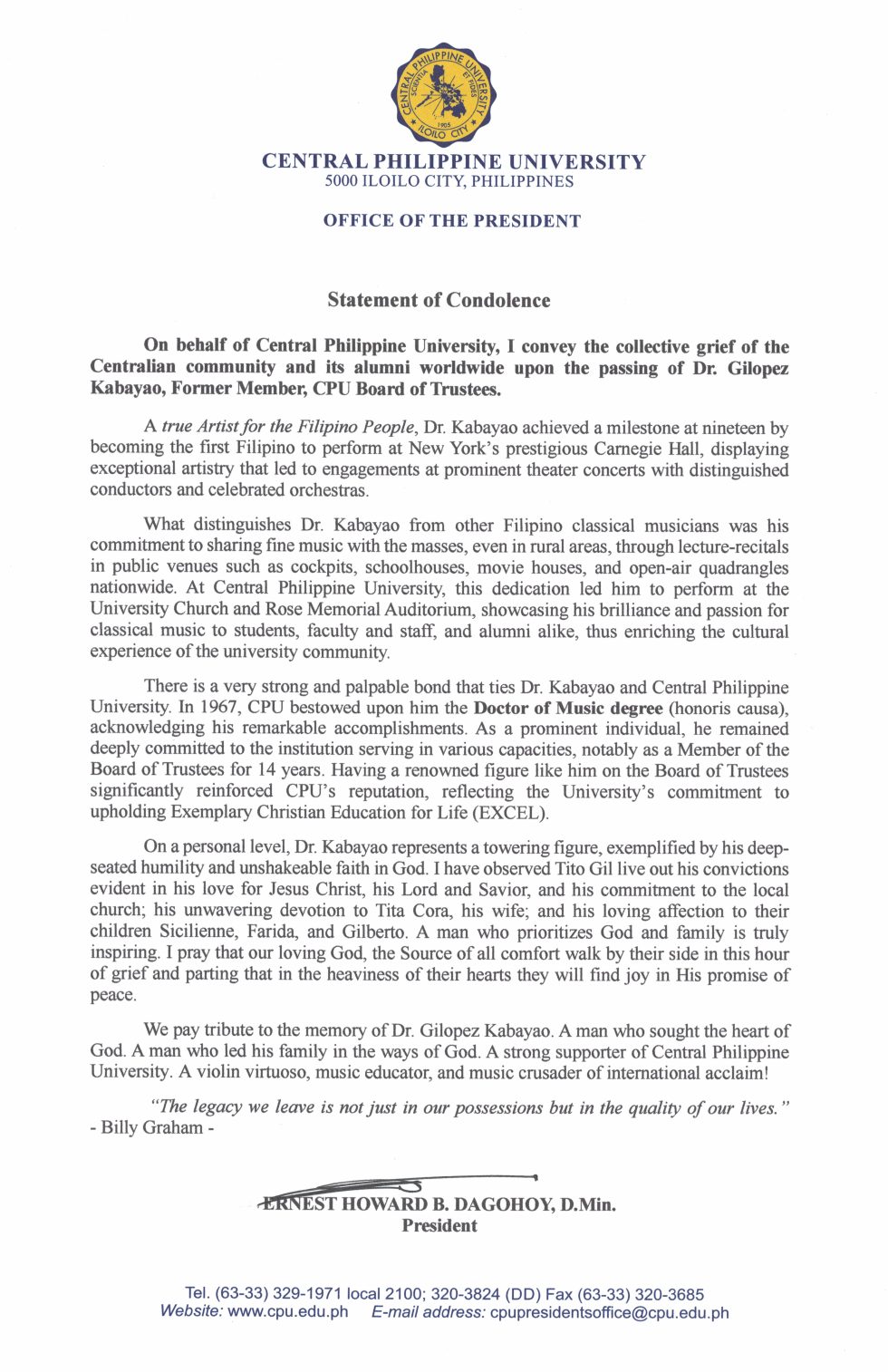 Statement of Condolence from Dr. Ernest Howard B. Dagohoy on the ...