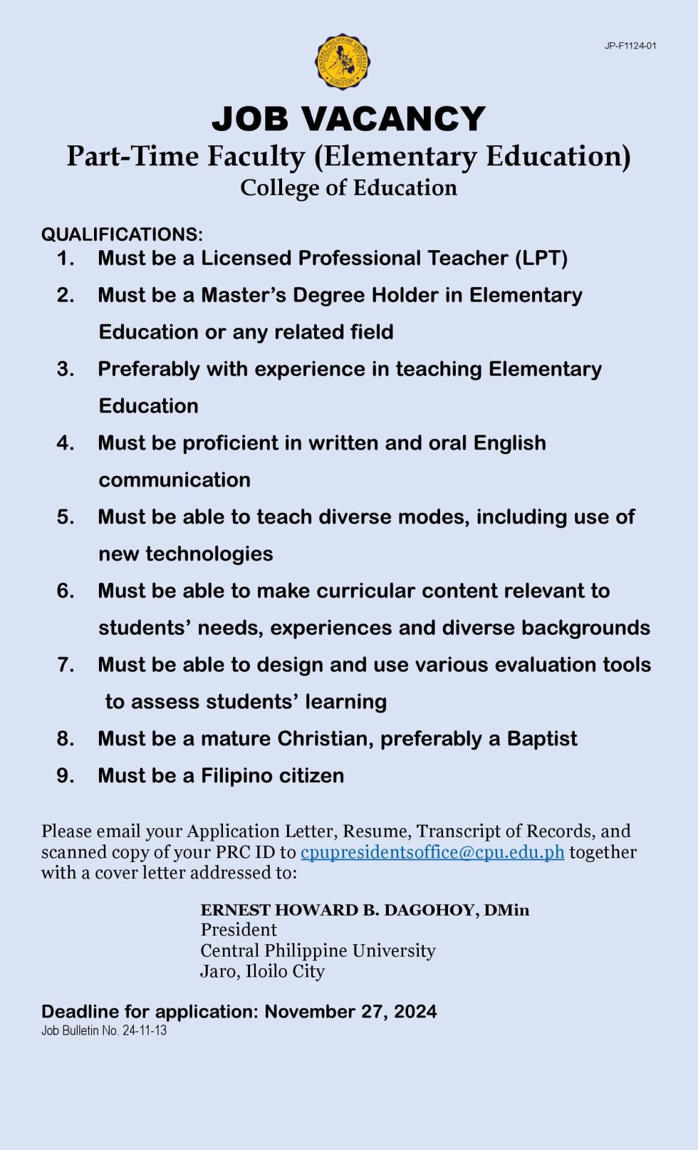 Job Vacancy - Part-time Faculty (Elementary Education) - Central ...
