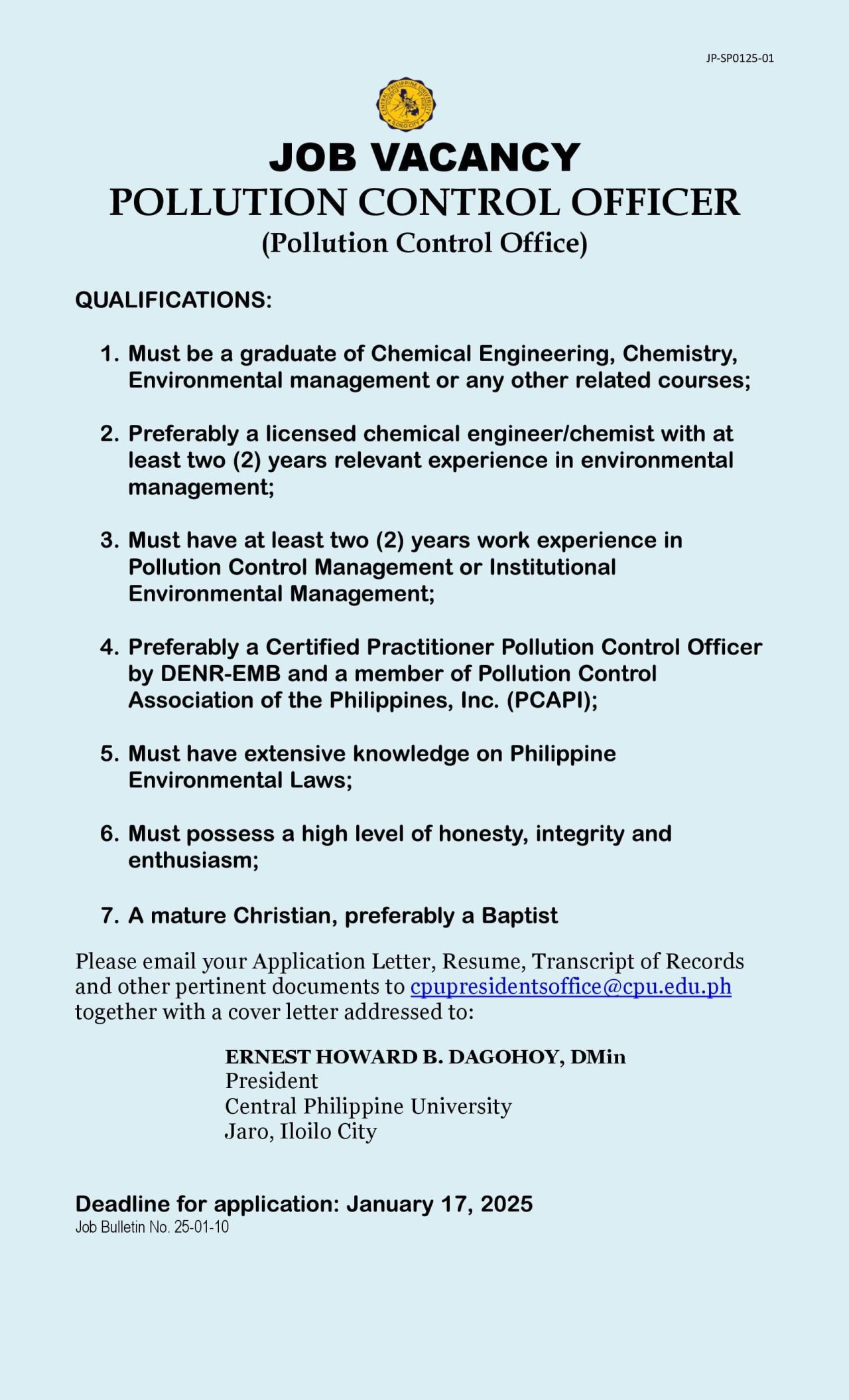 Job Vacancy - Pollution Control Officer - Central Philippine University