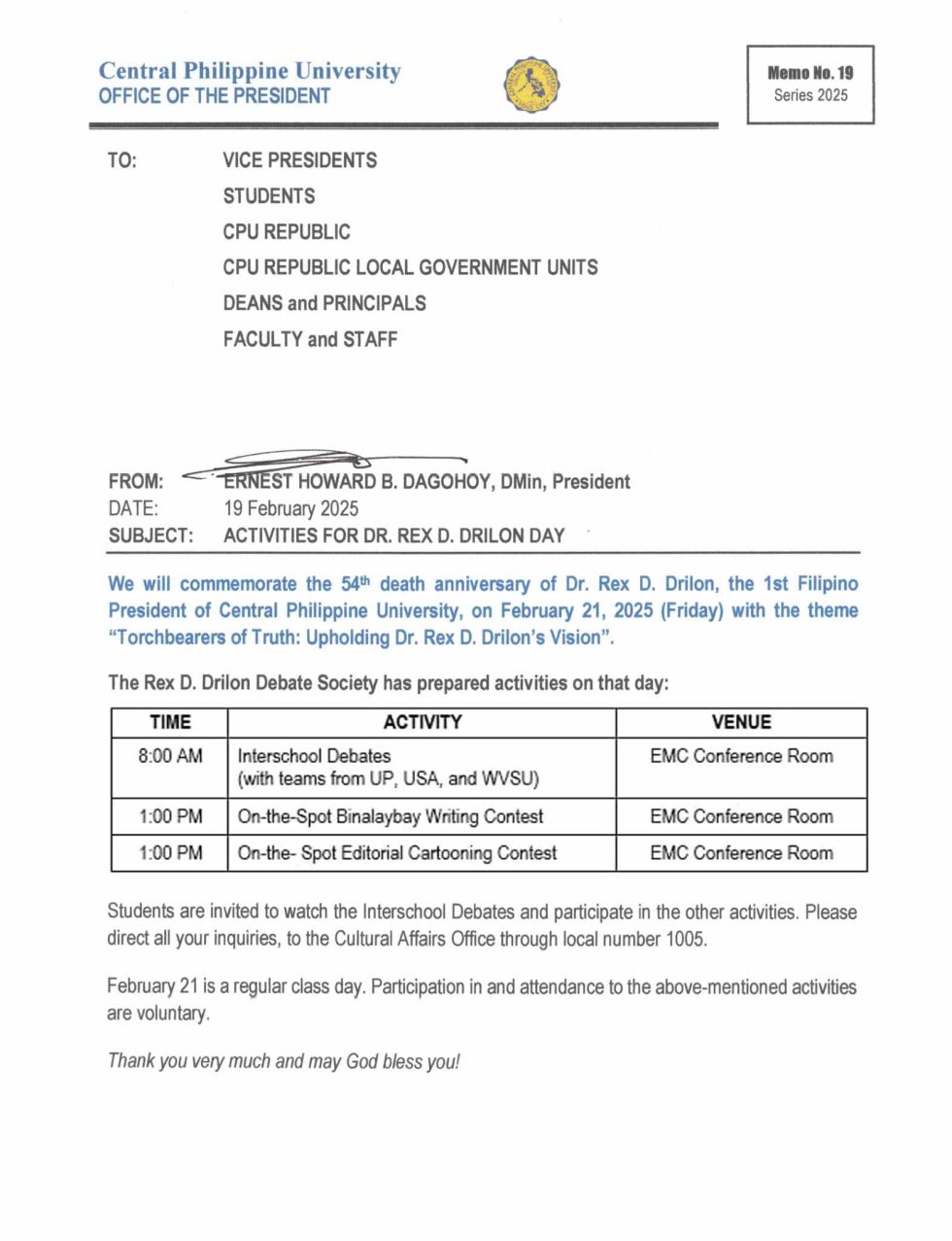 Memo No. 19 - Activities for Dr. Rex D. Drilon Day - Central Philippine ...