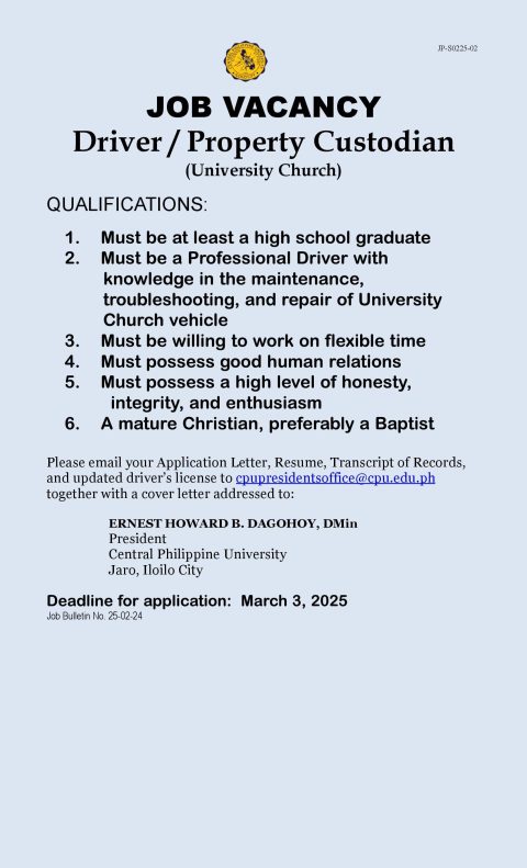 Job Vacancy - Driver / Property Custodian (University Church) - Central ...
