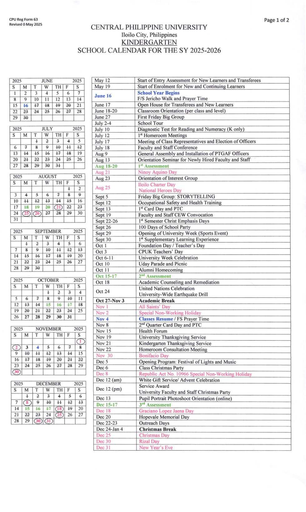 School Calendars - Central Philippine University