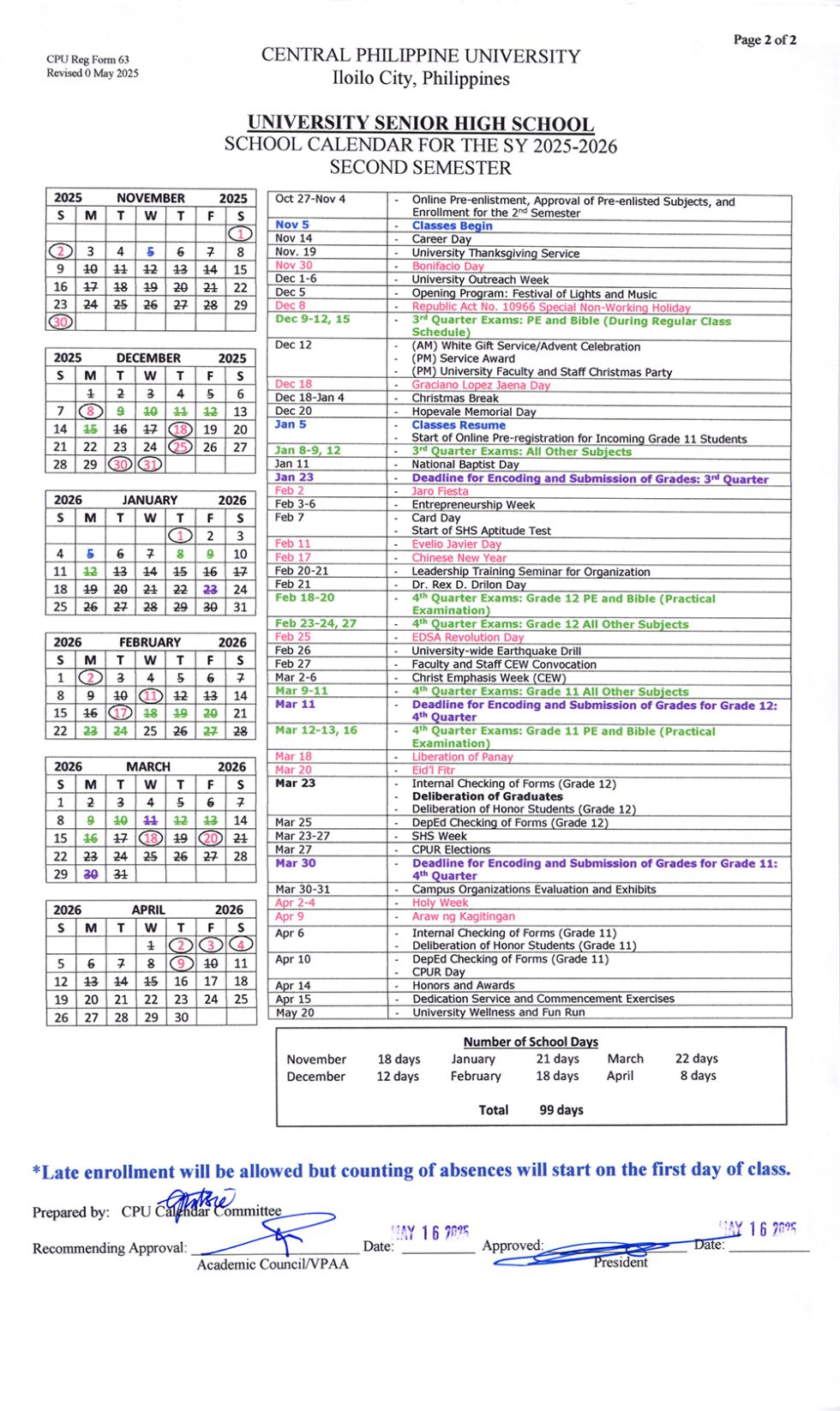 School Calendars - Central Philippine University