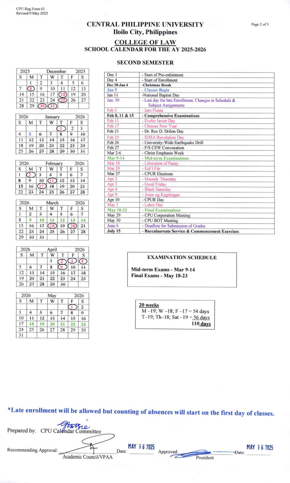 School Calendars - Central Philippine University