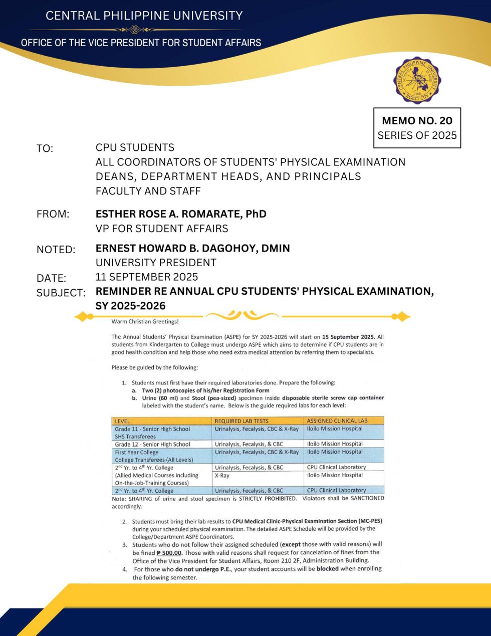 OVPSA Memo No. 20, Series 2025 - Reminder Re Annual CPU Students' Physical Examination, SY 2025 ...