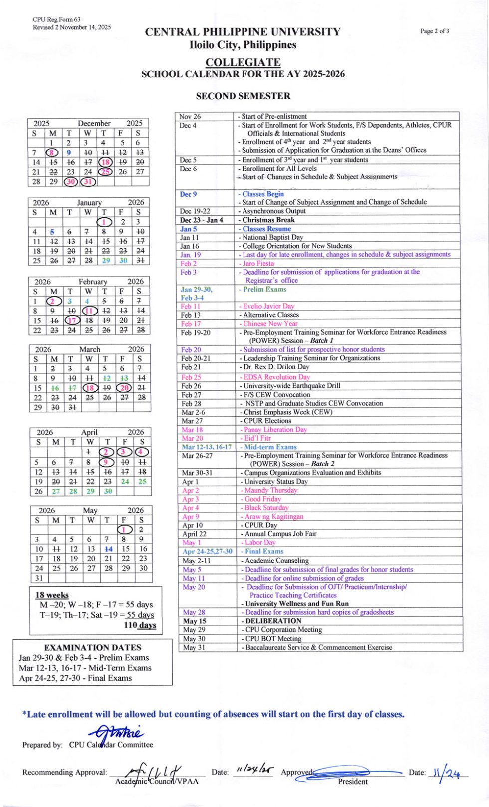 School Calendars - Central Philippine University