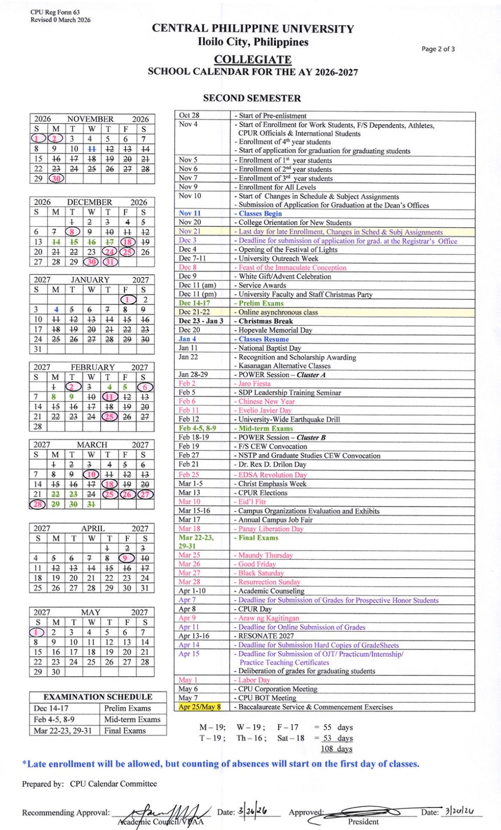 School Calendars - Central Philippine University
