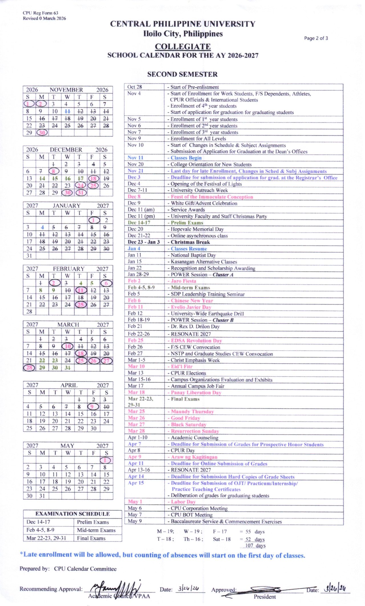 School Calendars - Central Philippine University